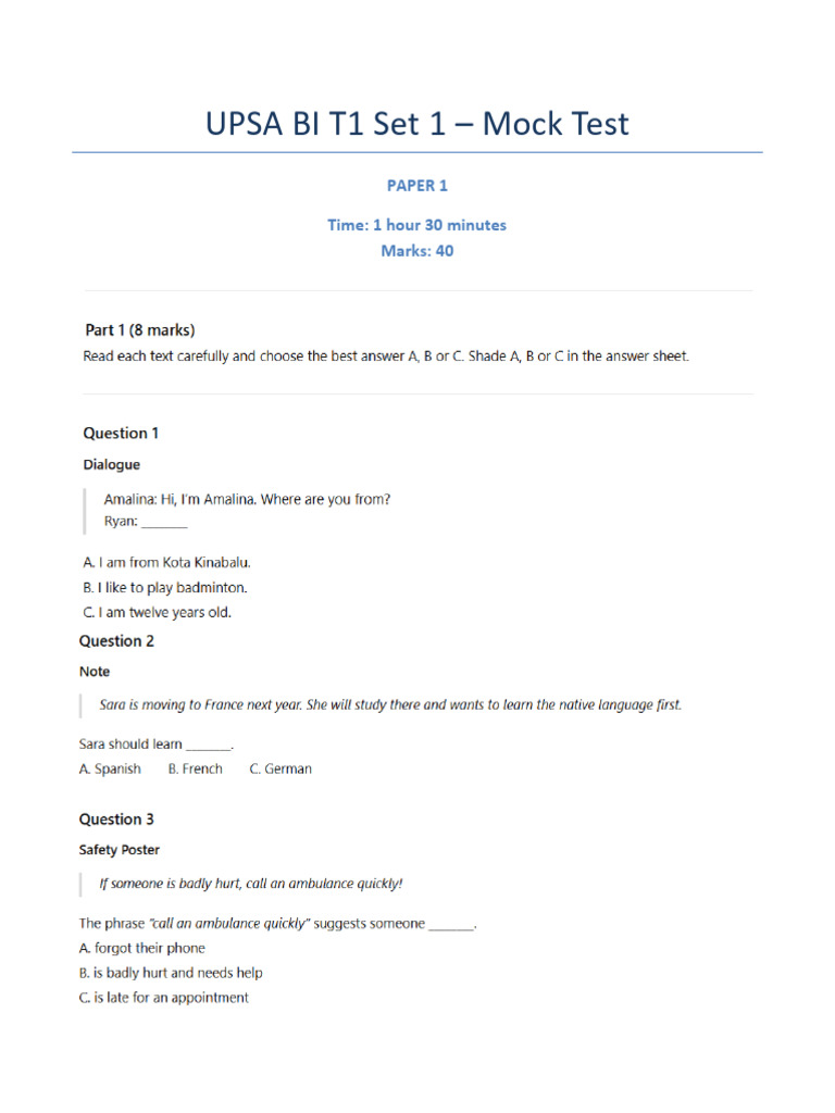 Upsa Bi t1 Set1 Mock Test | PDF