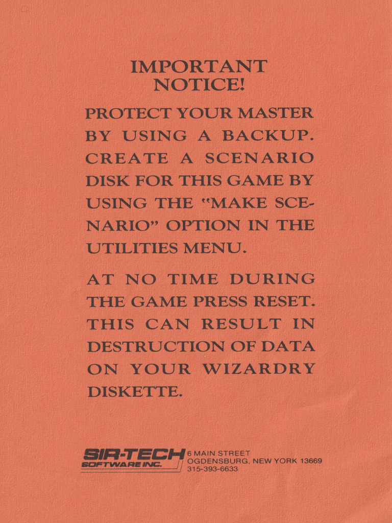 Wizardry Backup Your Master Card | PDF