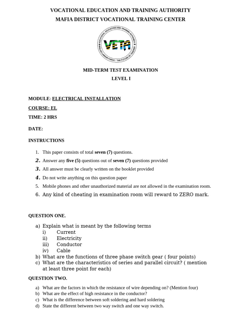 Electrical Installation Mid-Term Exam Guide | PDF | Resistor | Fuse ...