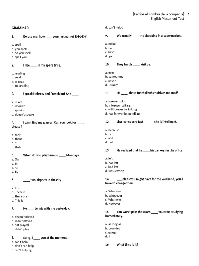 Placement Test A1 c1 Tests 131310 | PDF