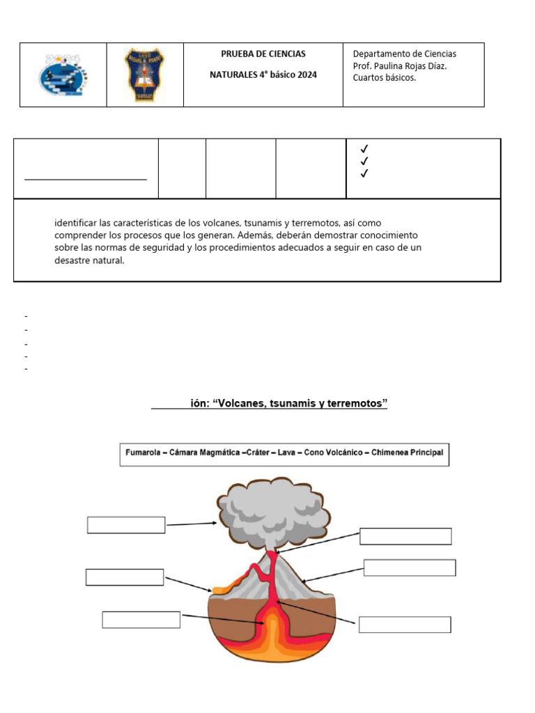 Evaluación Cuarto Básico Volcanes, Tsunamis y Terremotos 2024 | PDF ...