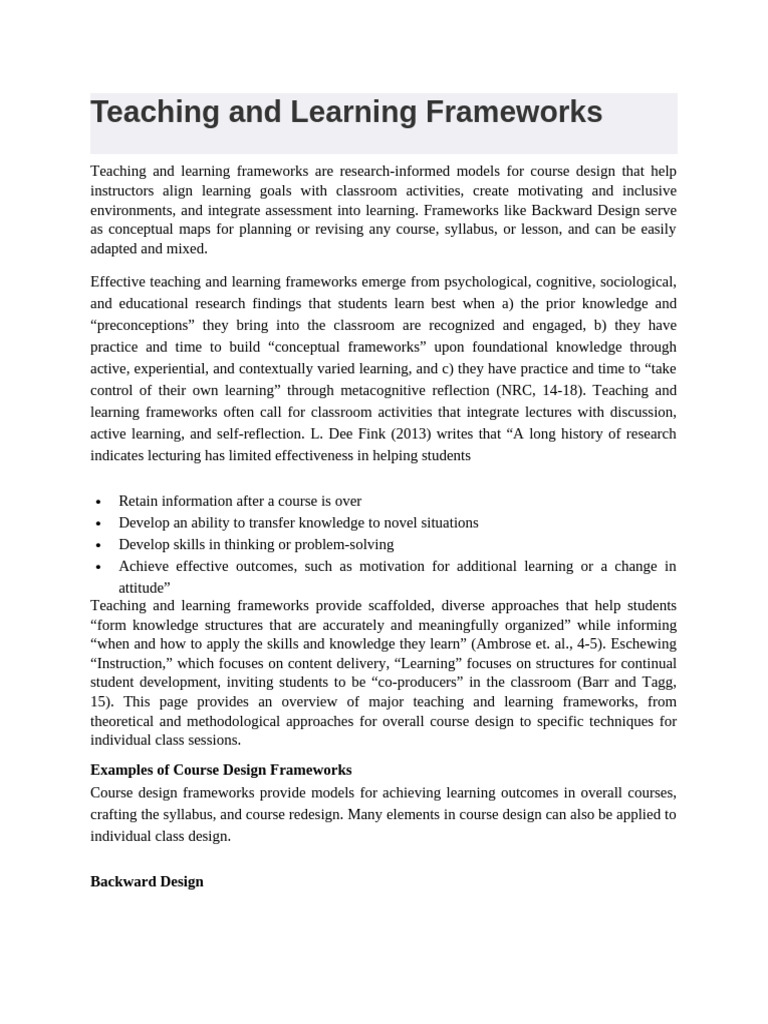 Lesson 6 Teaching and Learning Frameworks | PDF | Learning ...