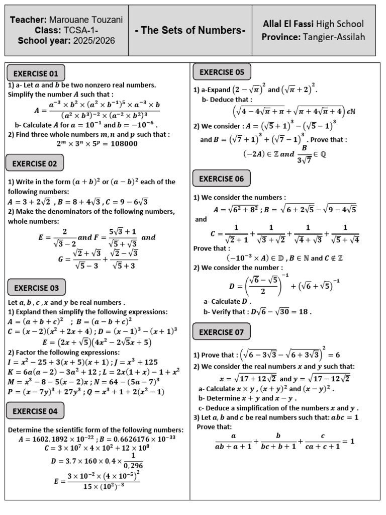 Worksheet 2 Lesson2 Sets of Numbers | PDF