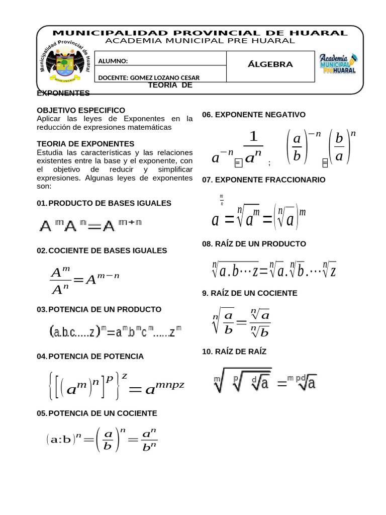 Teoría y Leyes de Exponentes en Álgebra | PDF | Matemáticas