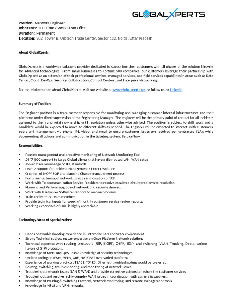 JD For Network Engineer | PDF | Computer Network | Virtual Private Network