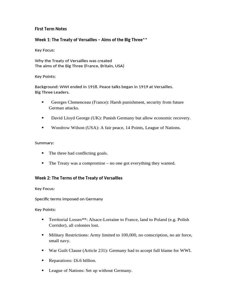 History Ss 1 First Term Notes | PDF | Treaty Of Versailles | League Of ...