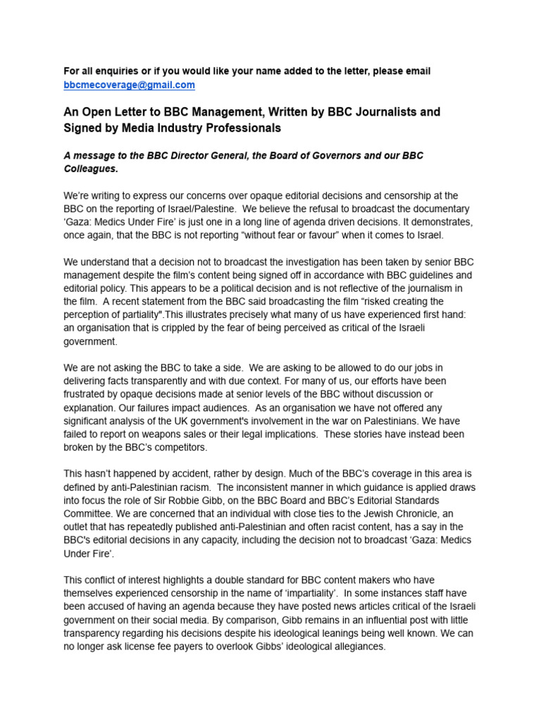 An Open Letter To BBC Management | PDF | Bbc | Israel