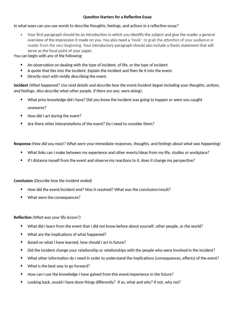 Question Starters for a Reflective Essay | PDF | Essays | Experience