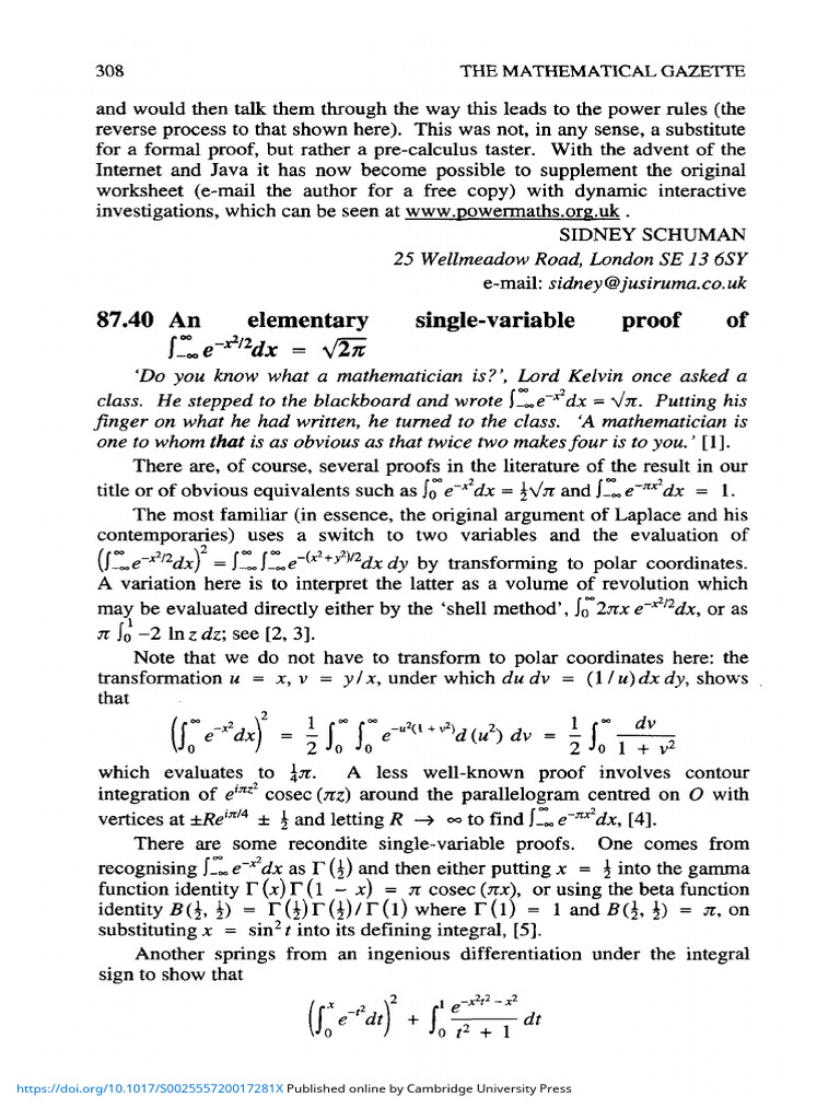 An Elementary Single Variable Proof o The Gaussian Integralf | PDF | Integral | Mathematical Proof