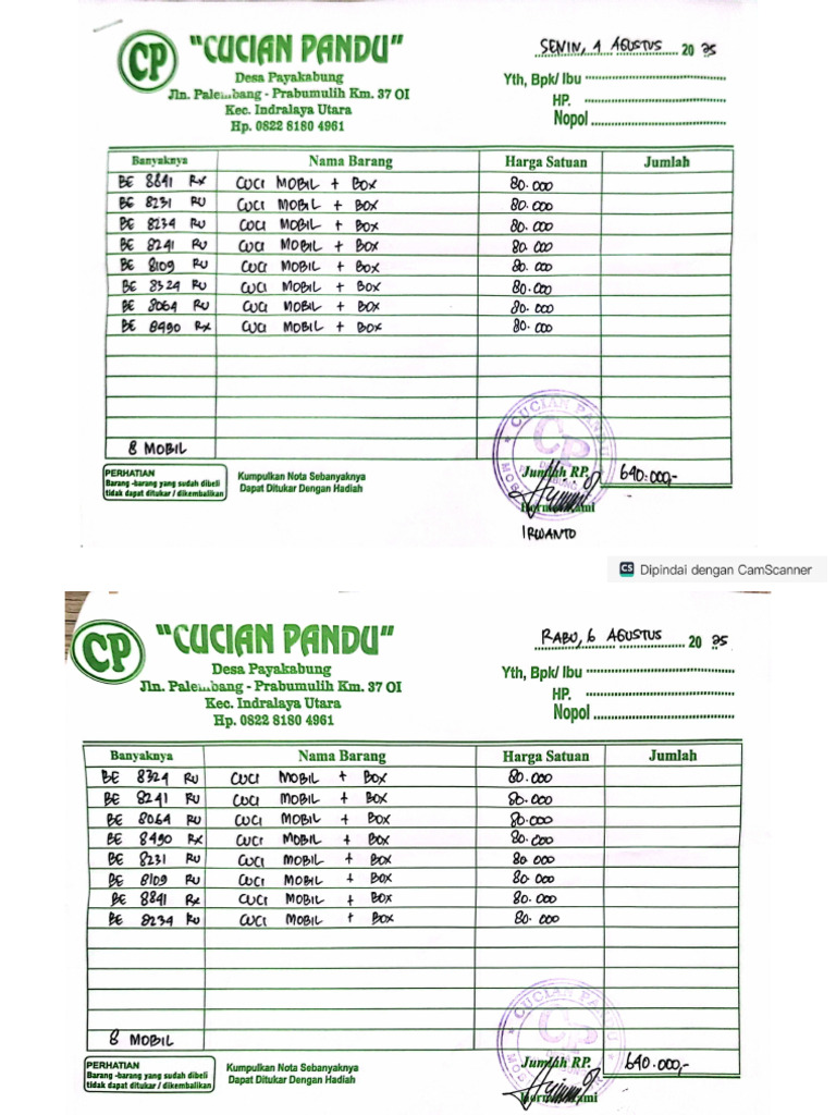 Nota Cuci Mobil Rphu Periode 4 6 8 Agustus 2025 | PDF