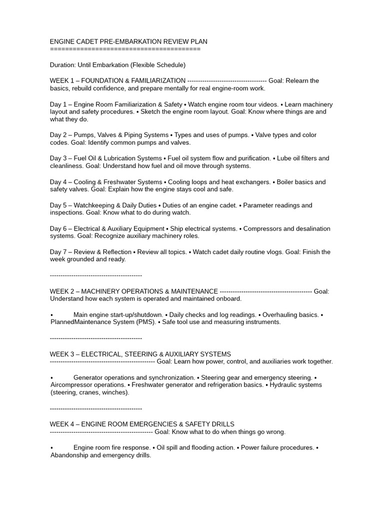 Engine Cadet Pre-Embarkation Plan | PDF | Pump | Mechanical Engineering