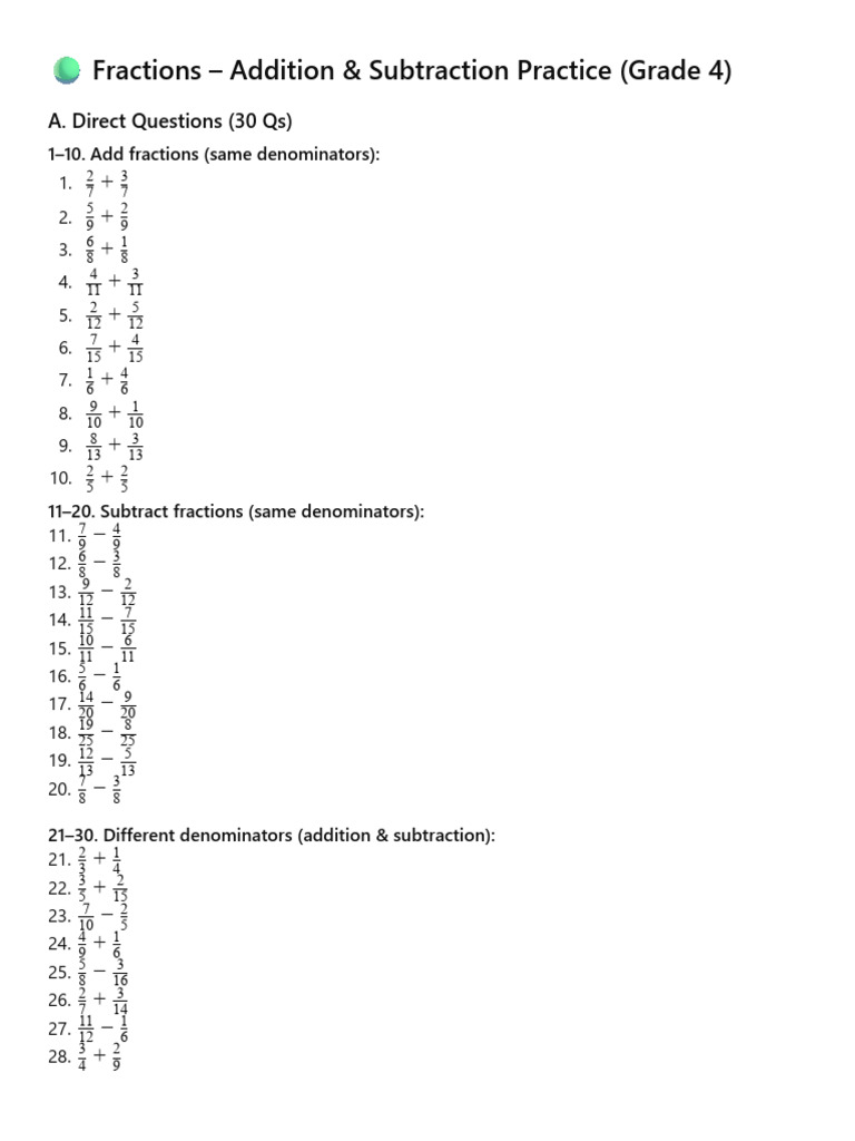 Fractions Practice Grade 4 | PDF | Subtraction