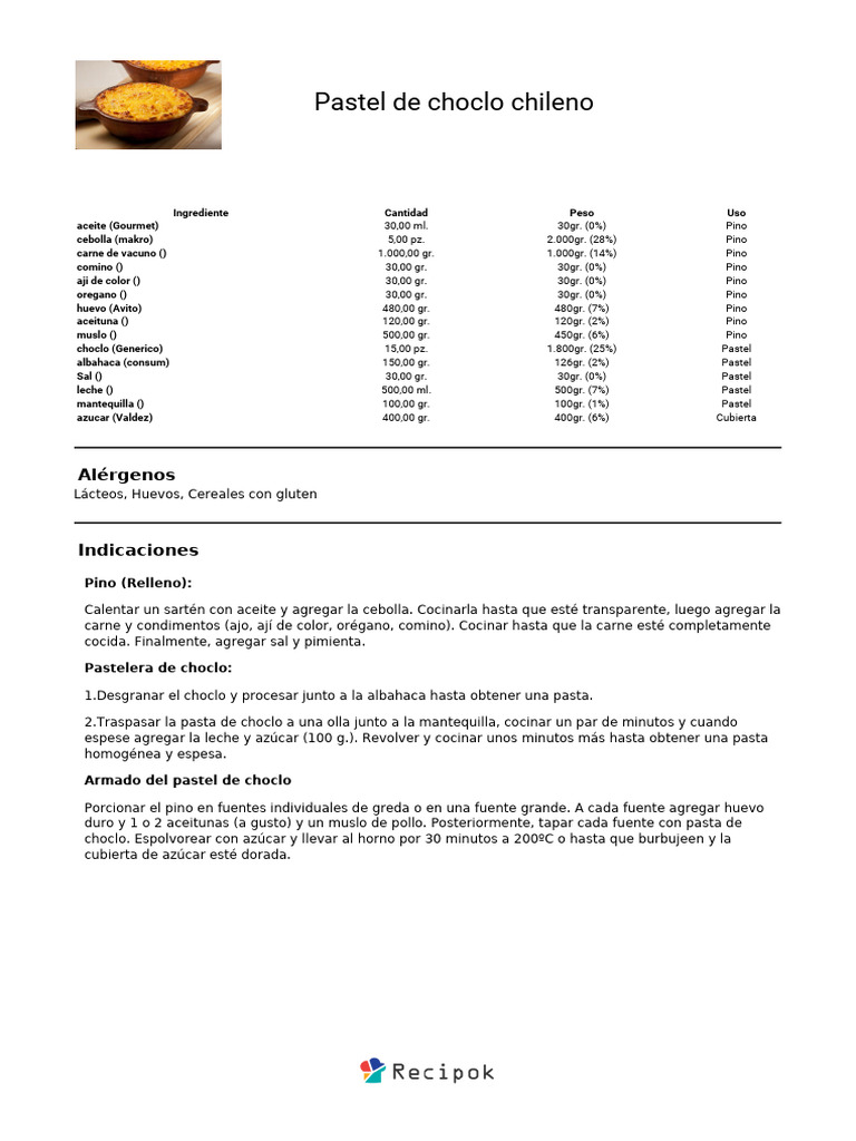 Receta de Pastel de Choclo Chileno | PDF | Pasteles | Alimentos