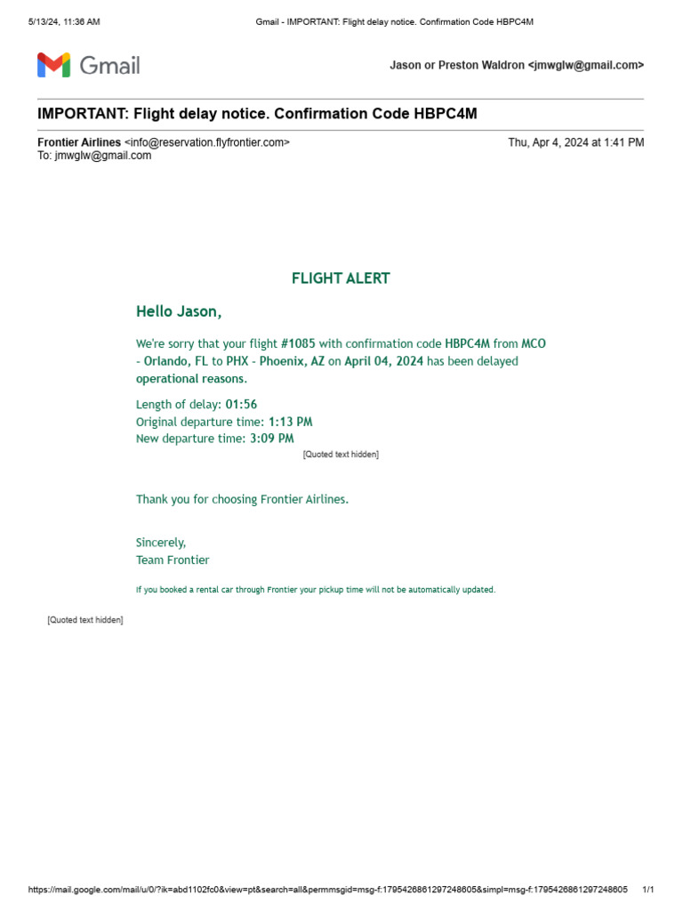 Gmail - IMPORTANT - Flight Delay Notice. Confirmation Code HBPC4M | PDF