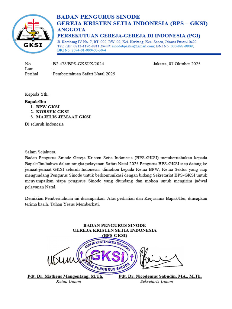 Pemberitahuan Safari Natal 2025 GKSI | PDF