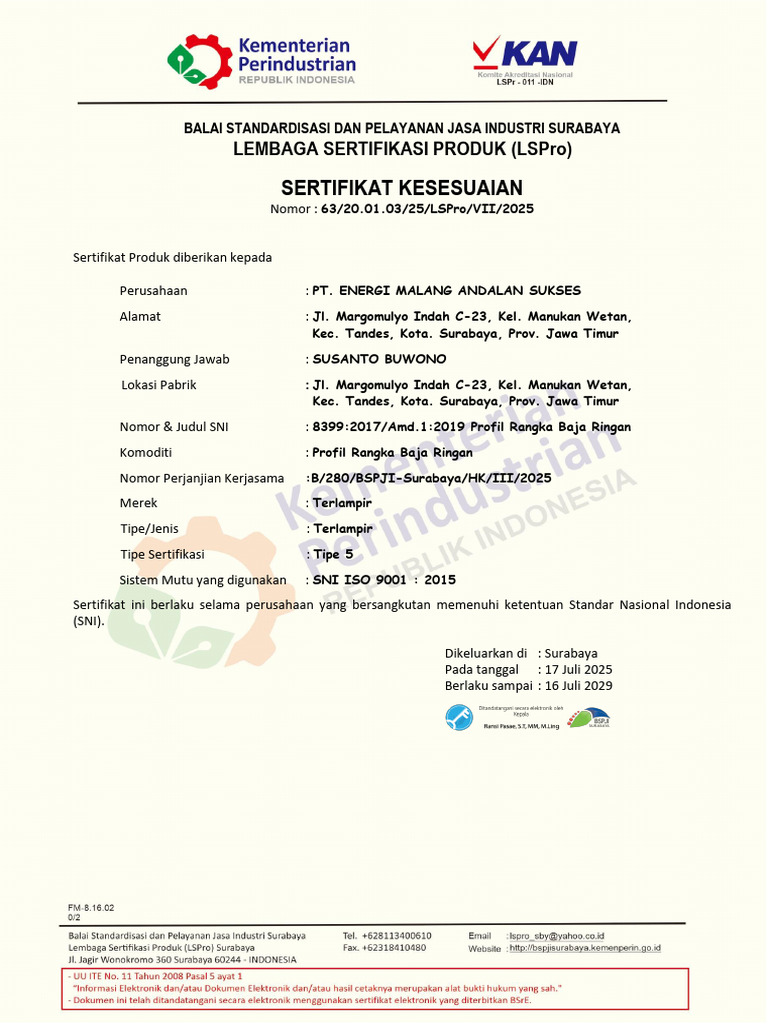 Sertifikat SNI EMAS | PDF