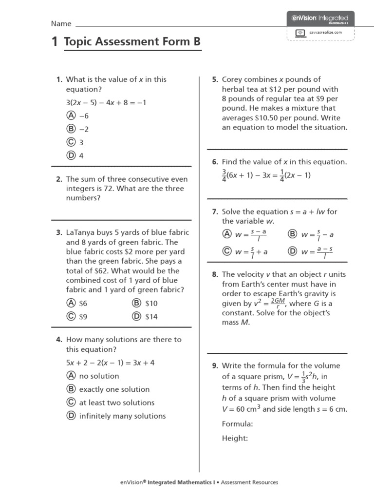 Topic 1 - Assessment Form B PDF | PDF | Inequality (Mathematics ...