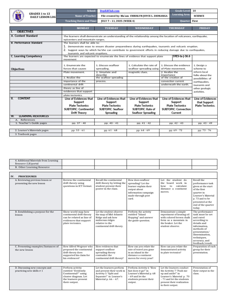 DLL - Science 10 - Q1 - W4 V3 | PDF | Plate Tectonics | Earth Sciences