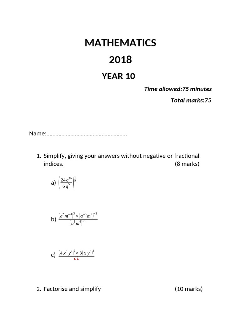 Year 10 Term 1 Test Paper | PDF | Square Root | Chess Theory