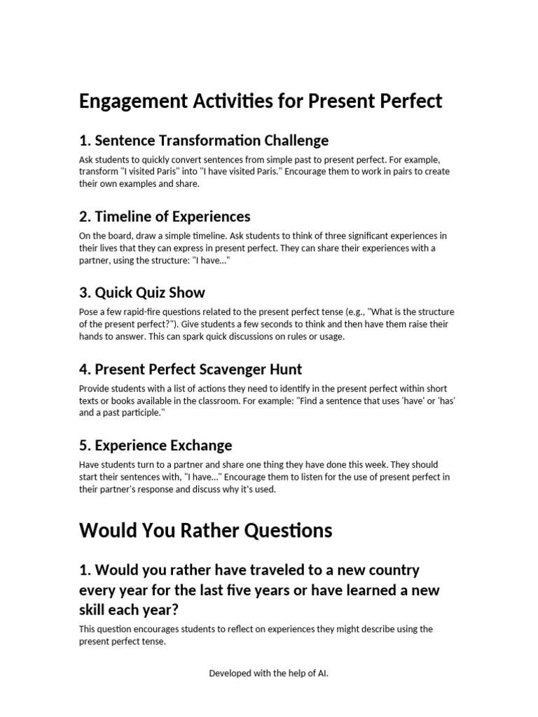 Engaging Activities for Present Perfect | PDF | Perfect (Grammar ...