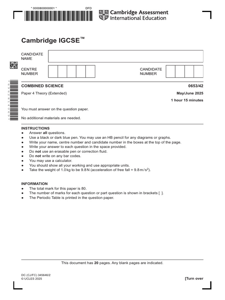 Cambridge IGCSE: Combined Science 0653/42 | PDF | Sun | Hydroxide