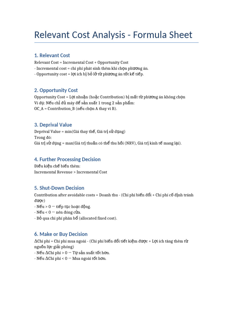 Relevant Cost Formula Sheet | PDF