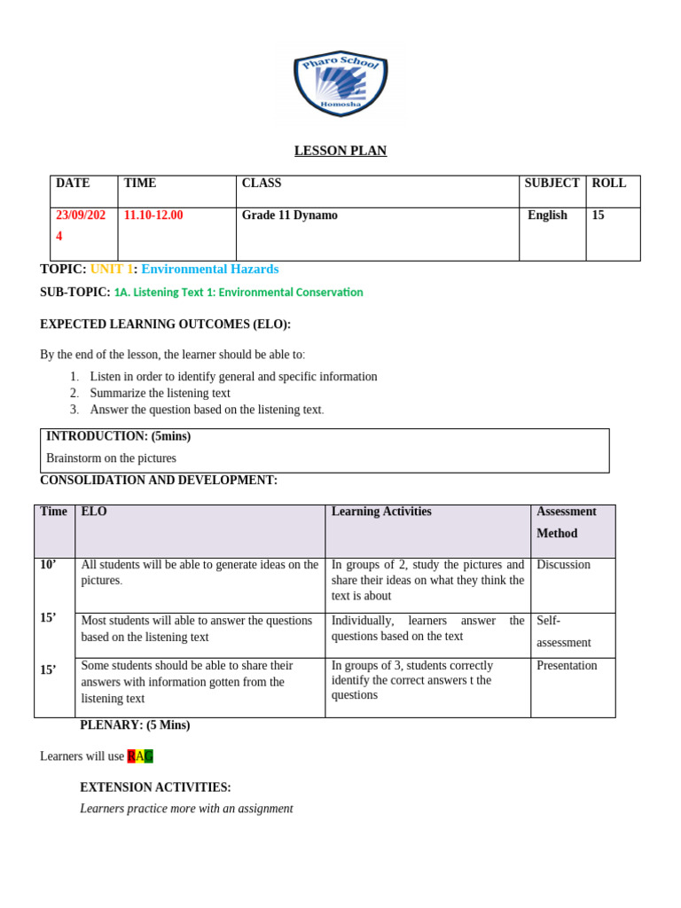 Grade 11 English Lesson Plans on Environmental Hazards | PDF | Lesson ...