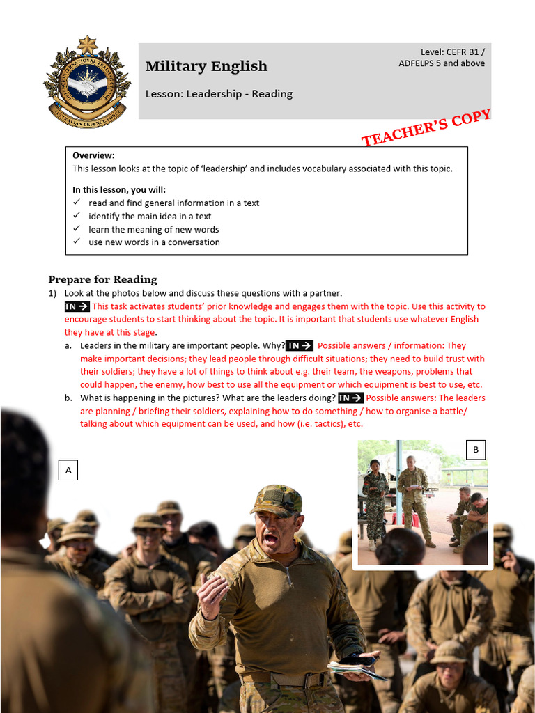 Military Leadership Reading Lesson | PDF | Vocabulary | Military Rank