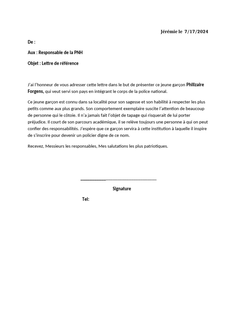Lettre de référence pour Philizaire Forgens | PDF