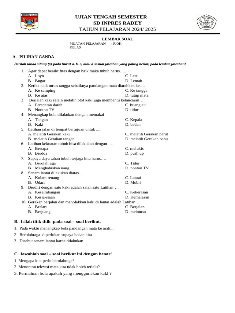 Soal UTS PJOK Kelas SD Inpres Radey | PDF
