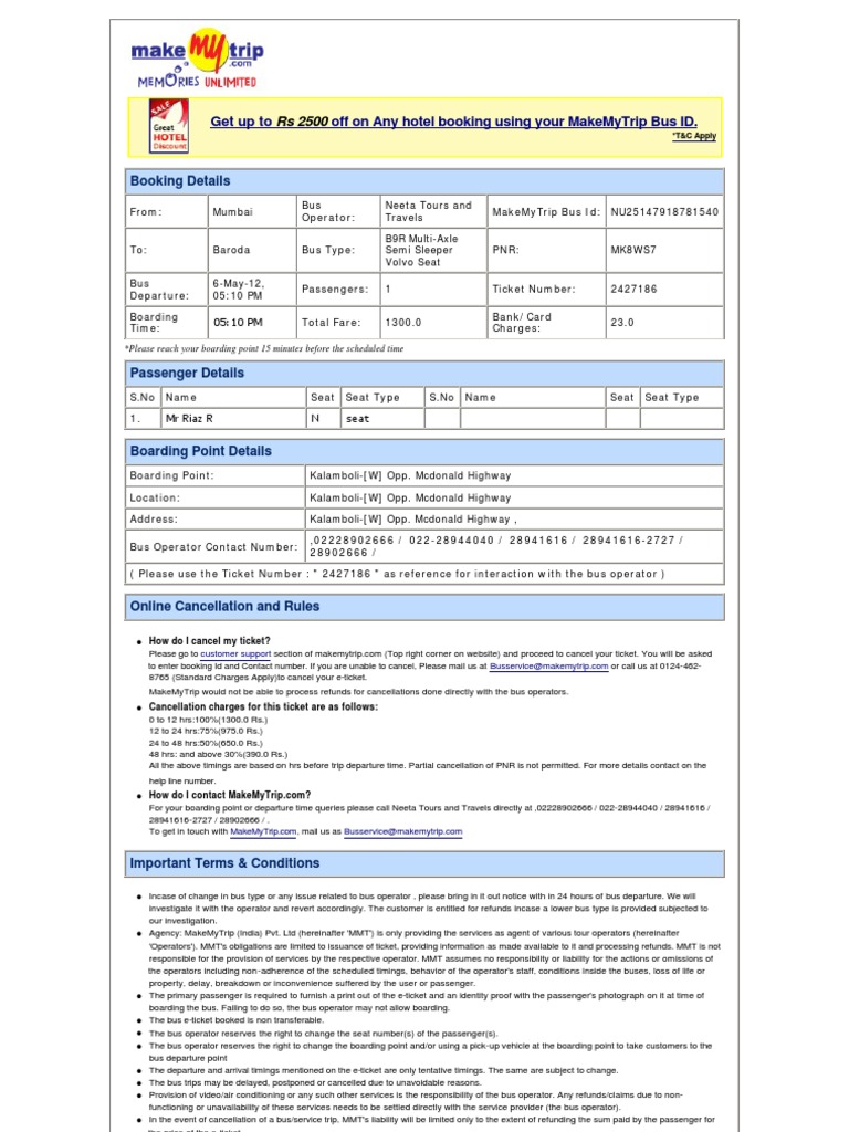 MMT Bus E-Ticket Nu 25147918781540 Mumbai-Baroda | PDF | Business ...