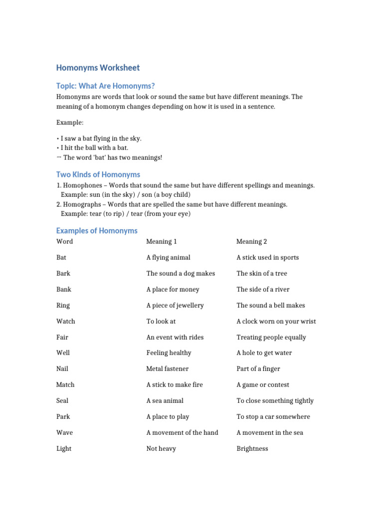Homonyms Worksheet and Activities | PDF