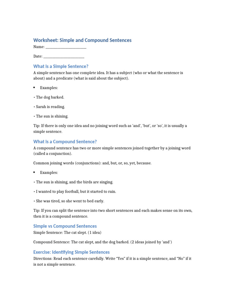 Simple and Compound Sentences Worksheet British English | PDF