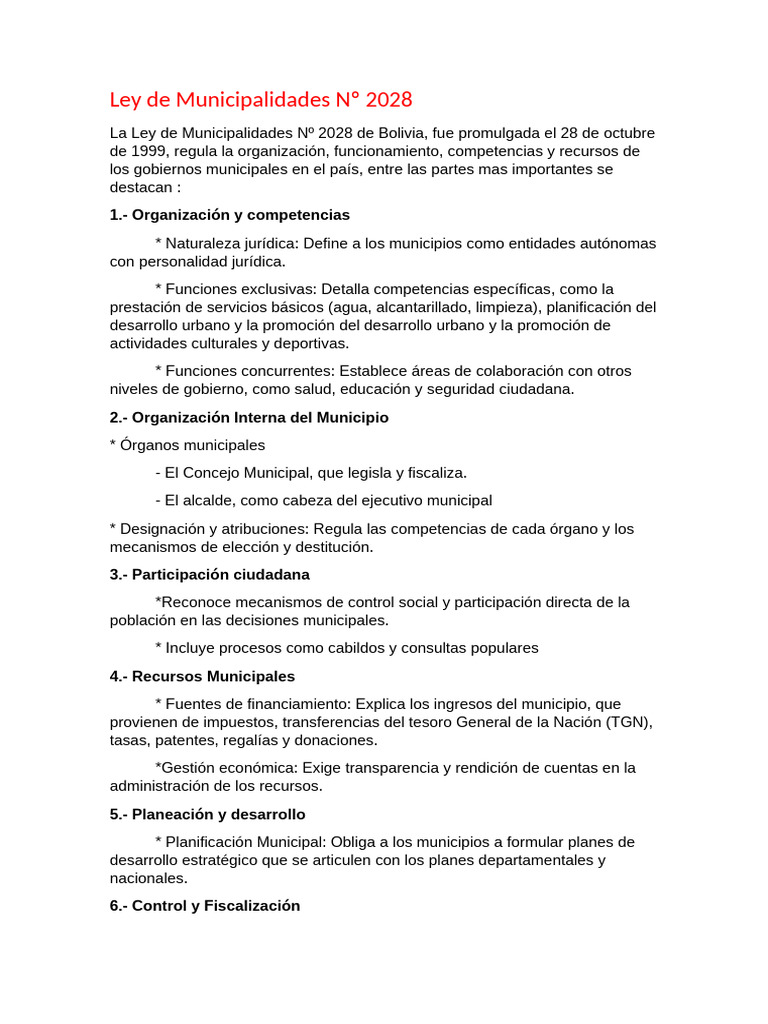 Ley de Municipalidades Nº 2028 en Bolivia | PDF | Gobierno local | Alcalde