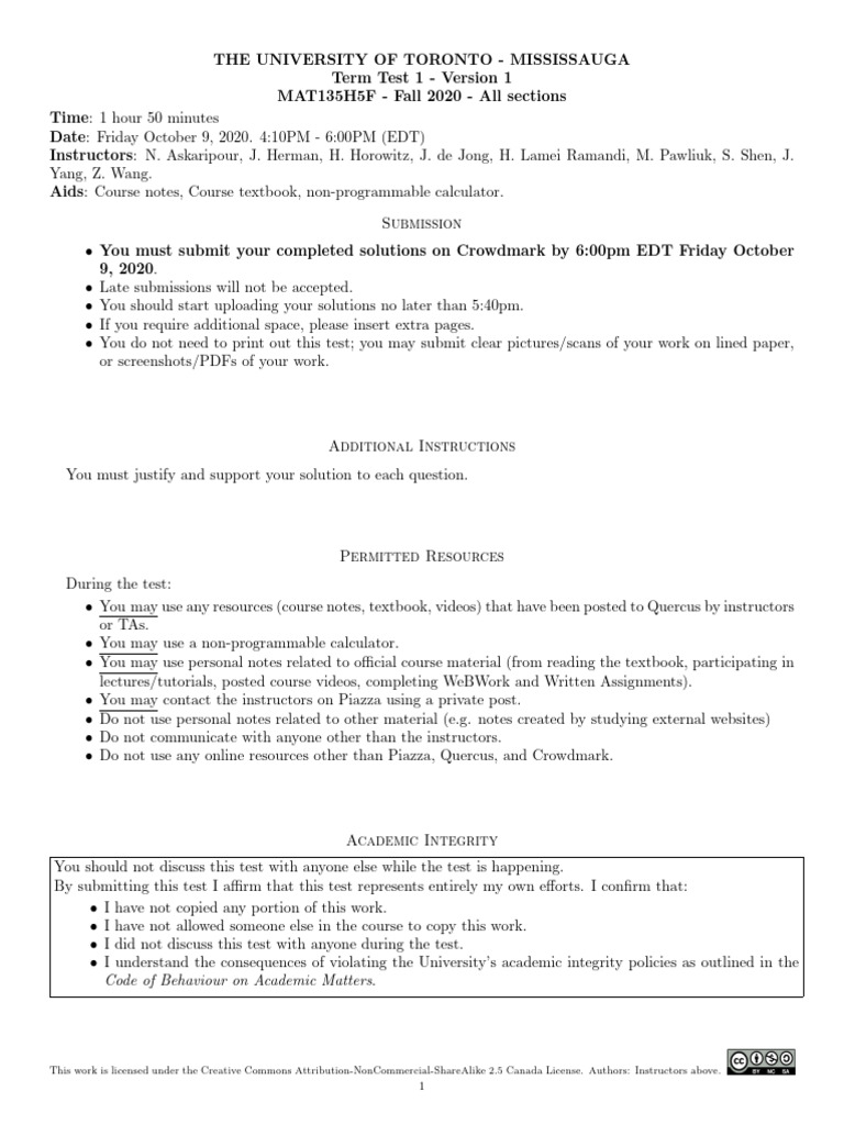 MAT135 F 2020 Test1 Version1 | PDF | Mathematics