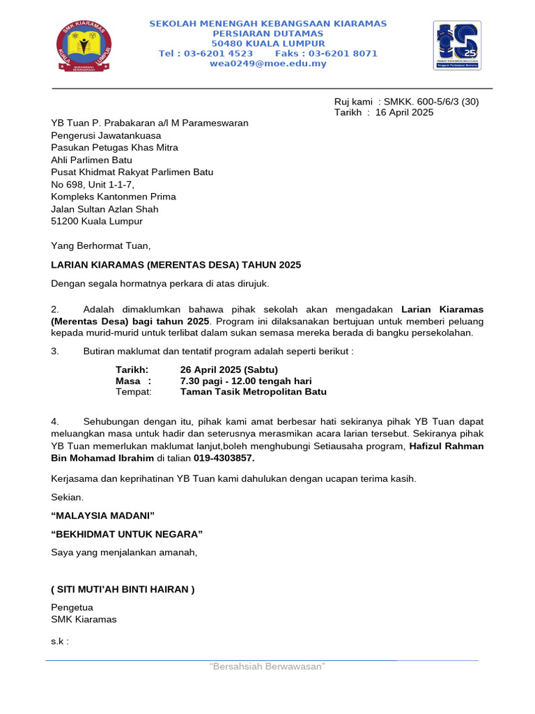 Surat Perasmi Larian Kiaramas | PDF