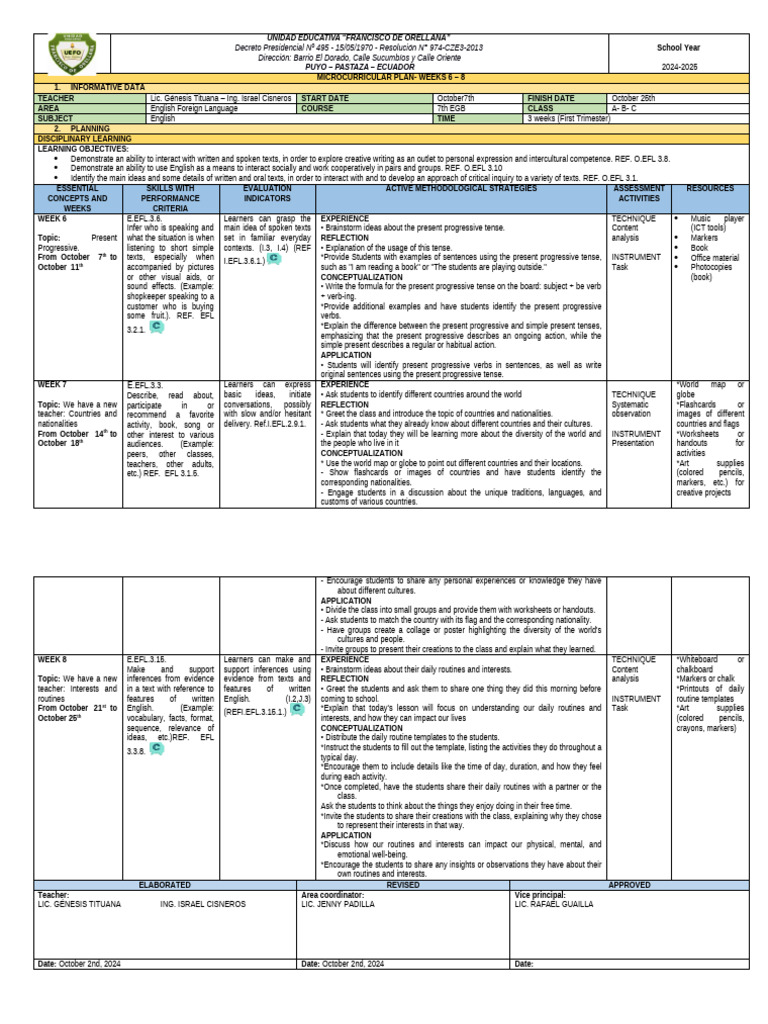 7th Egb Micr Plan W 6 - 8 | PDF | Grammatical Tense | Learning