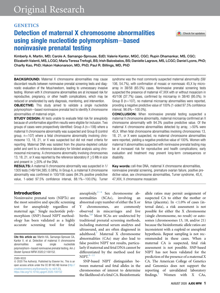 Detection of Maternal X Chromosome Abnormalities U | PDF | Genetics ...