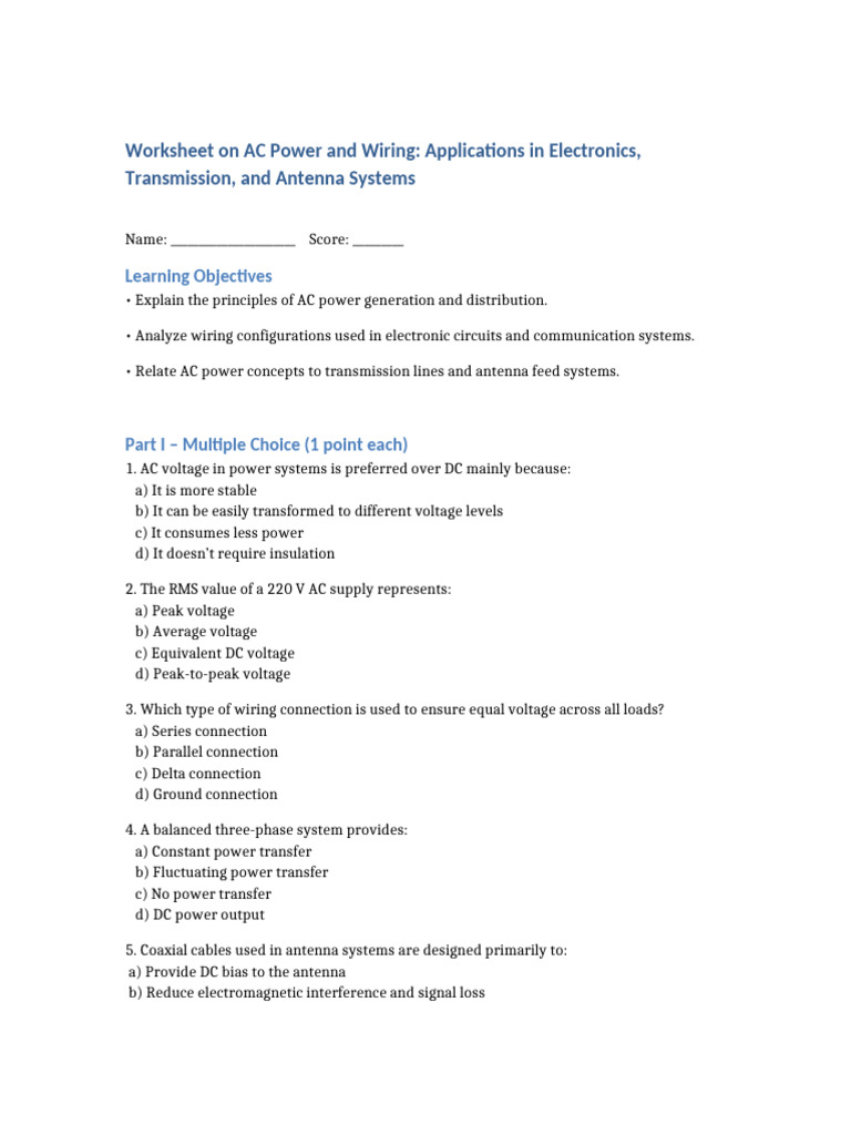 Worksheet AC Power Wiring Antenna | PDF