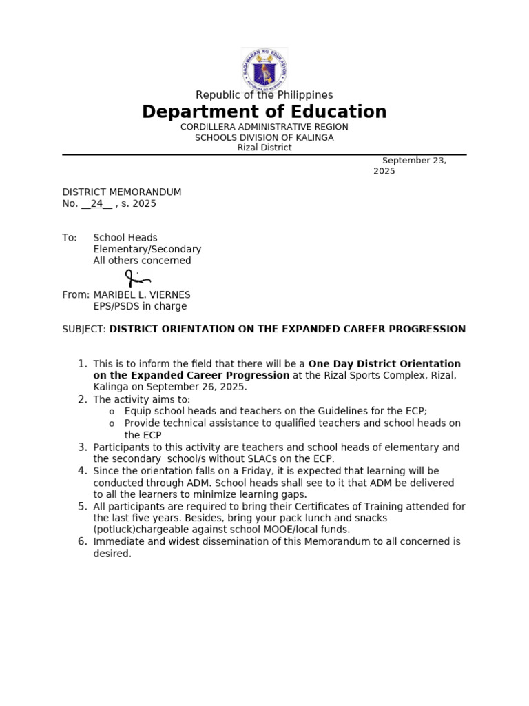 District Memo With 24 District Orientation On ECP | PDF