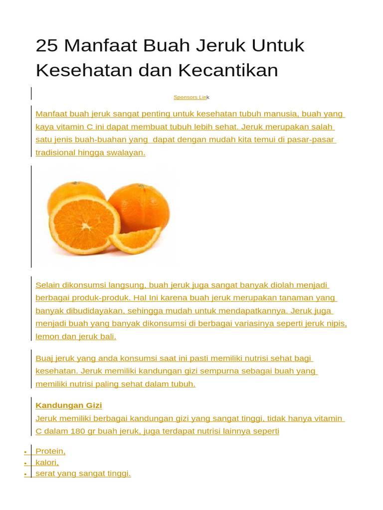 25 Manfaat Buah Jeruk Untuk Kesehatan Dan Kecantikan | PDF