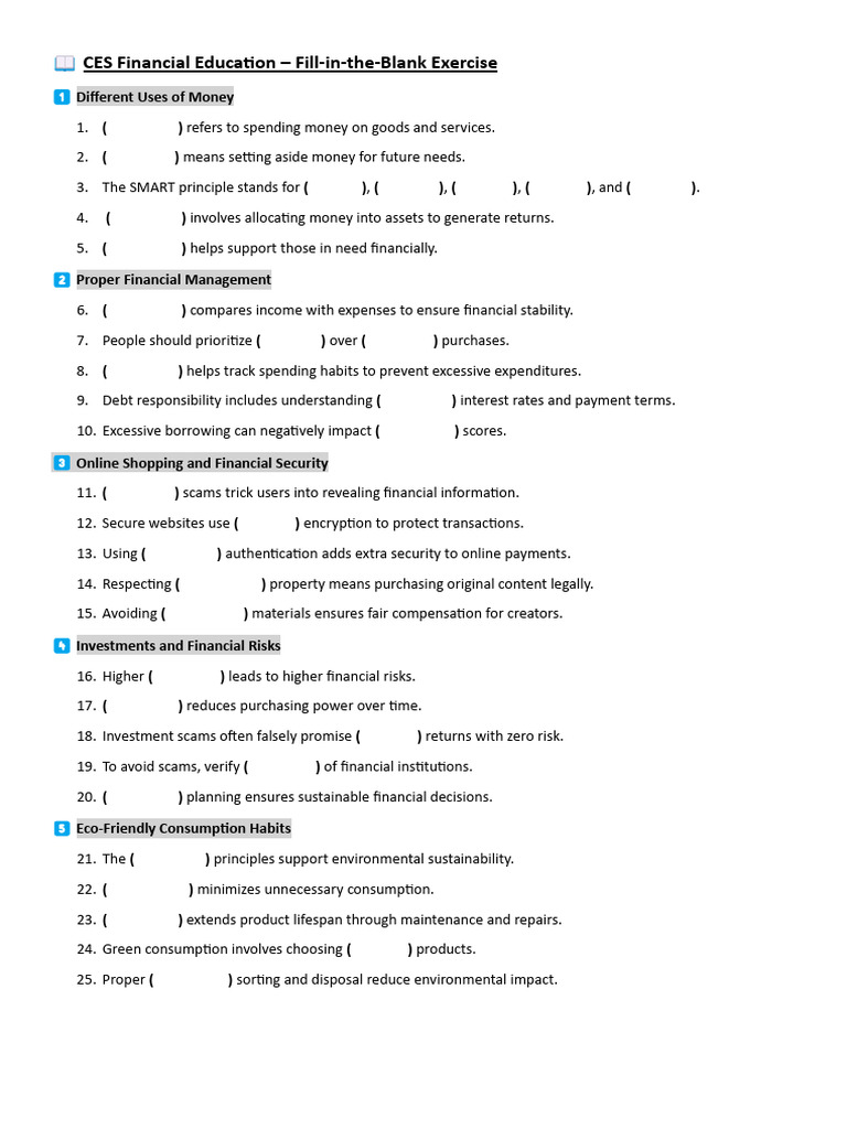 CES Financial Education - Fill-In-The-Blank Exercise | PDF | Expense ...