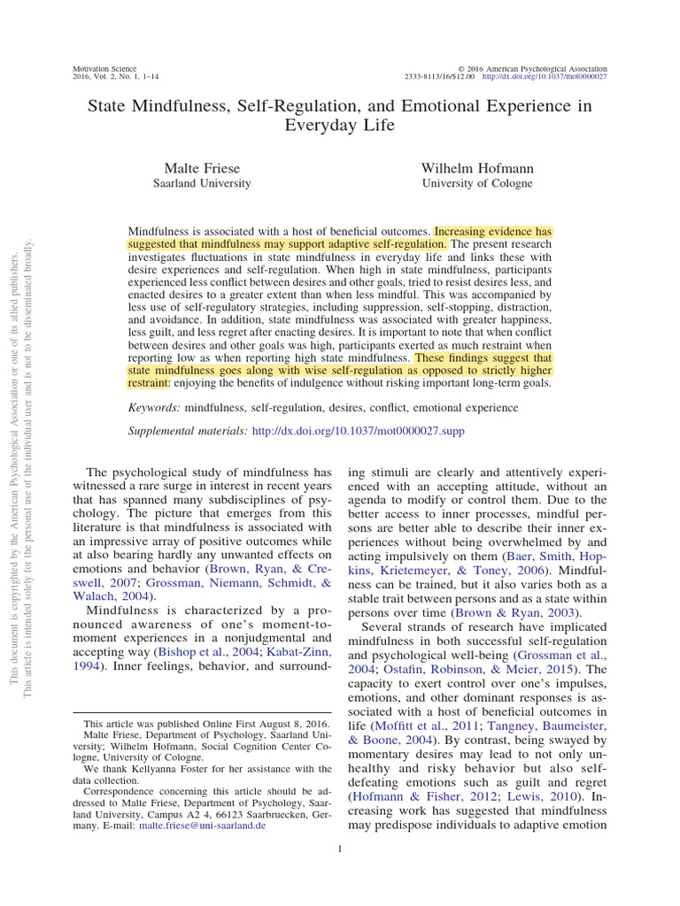 State Mindfulness Self-Regula | PDF | Mindfulness | Emotional Self ...
