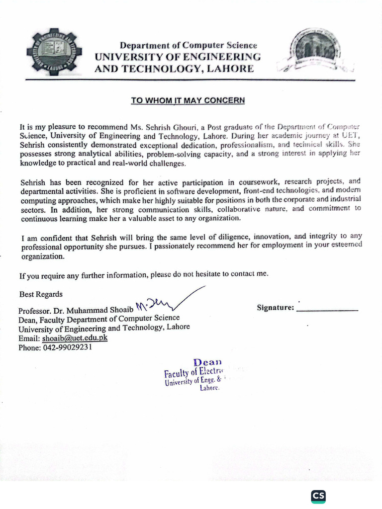 Recomendation Letter From UET | PDF