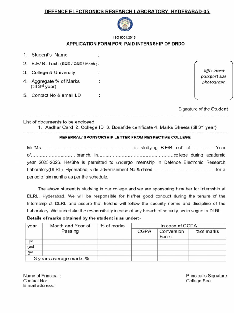 Application Form For Paid Internship of Drdo | PDF | Access Control ...