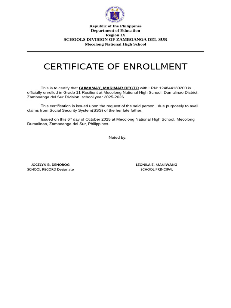 Certificate of Enrollment | PDF
