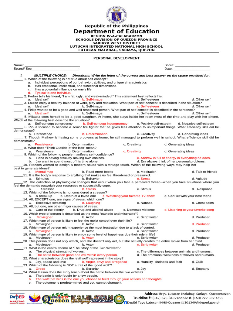 Long Quiz in PERDEV With Answers | PDF | Self Concept | Stress (Biology)