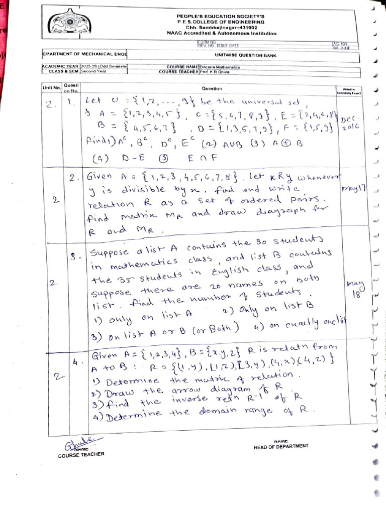 DM Unit 2 Question Bank | PDF