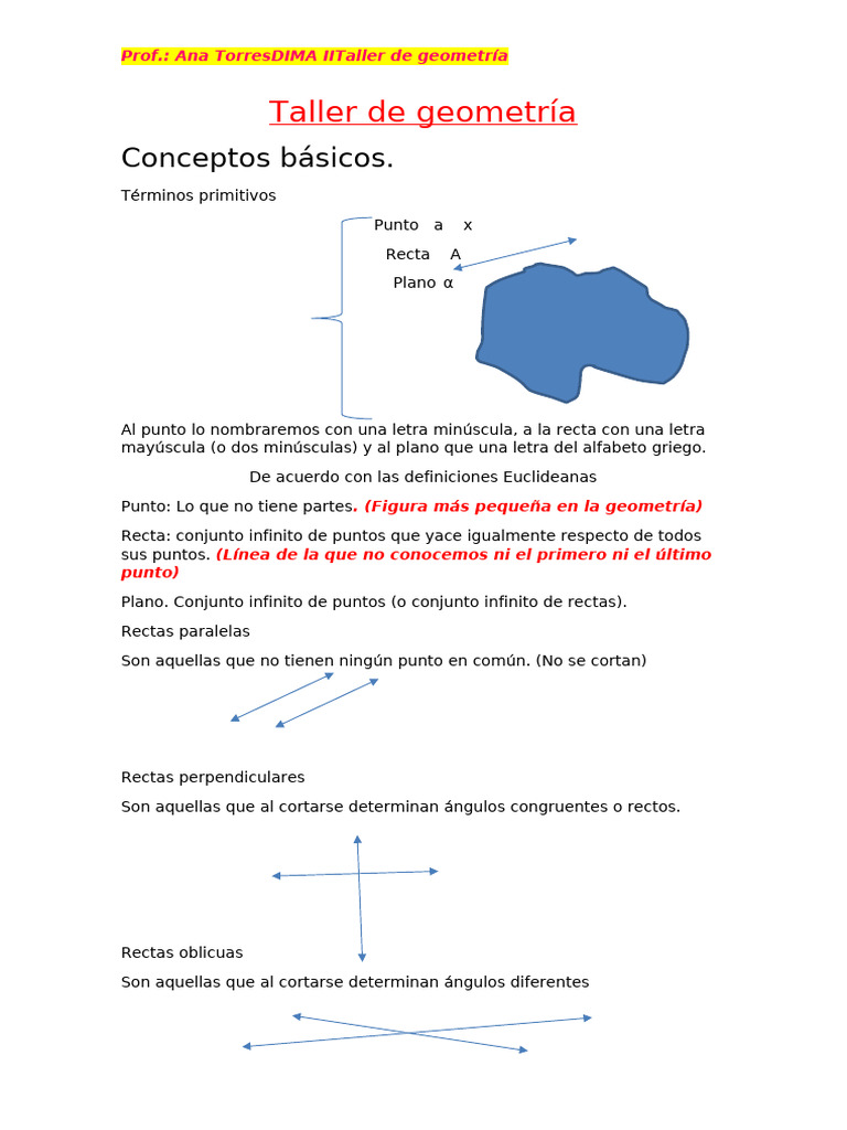Taller de Geometría: Conceptos Básicos | PDF | Línea (geometría ...