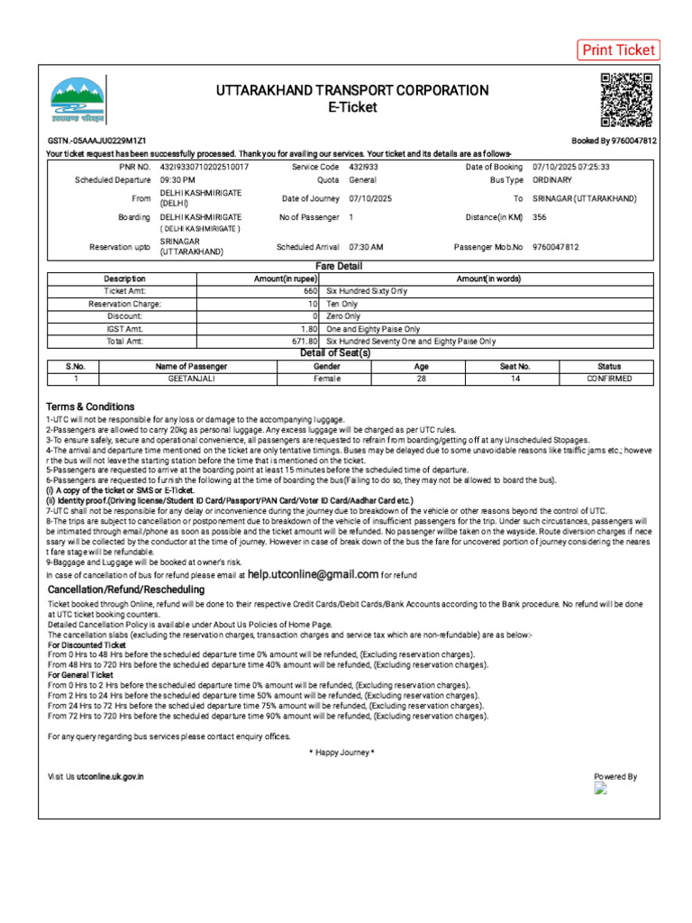 Uttarakhand Bus E-Ticket Confirmation | PDF | Identity Document | Transport